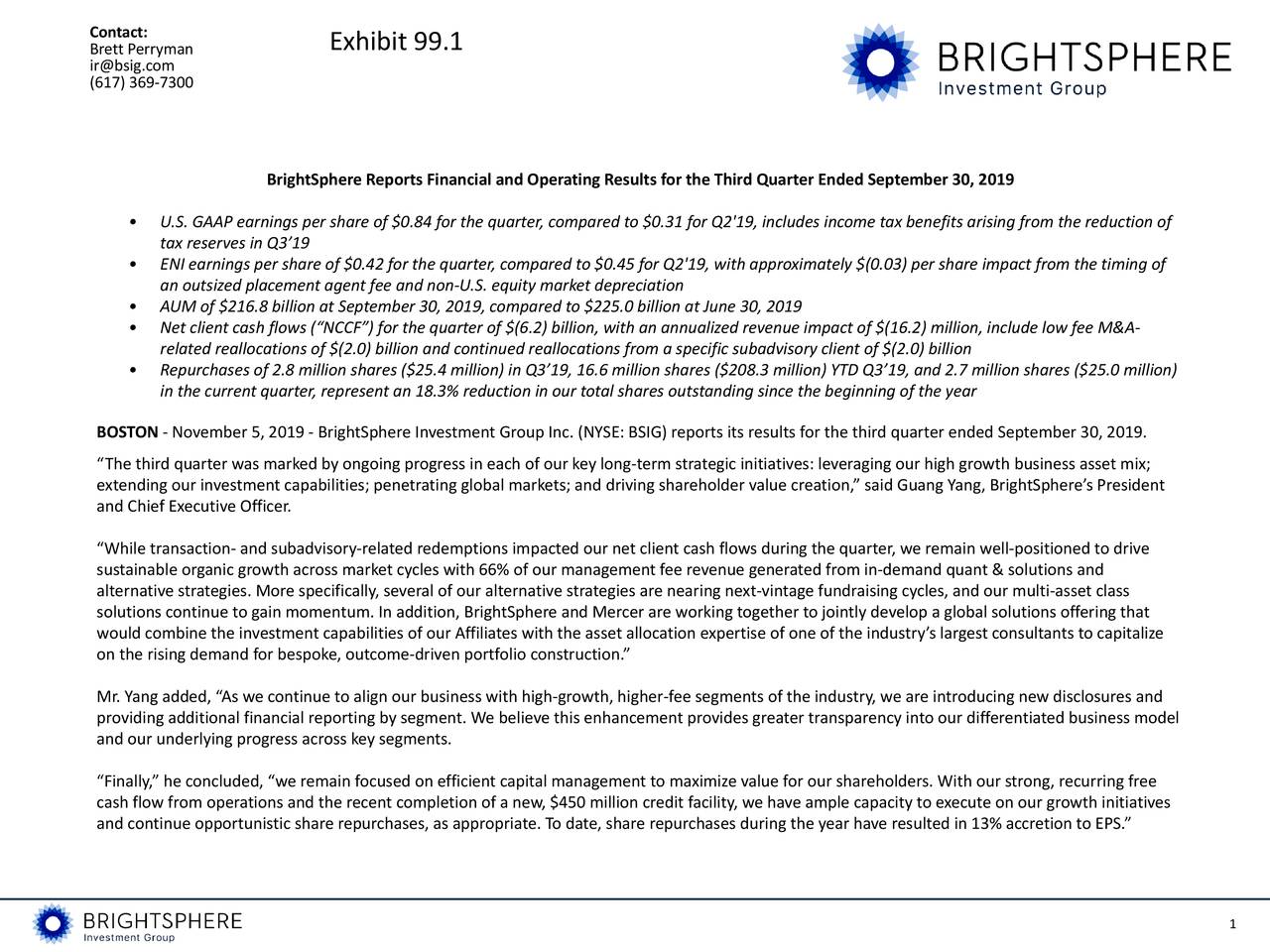 BrightSphere Investment Group Inc. 2019 Q3 - Results - Earnings Call ...
