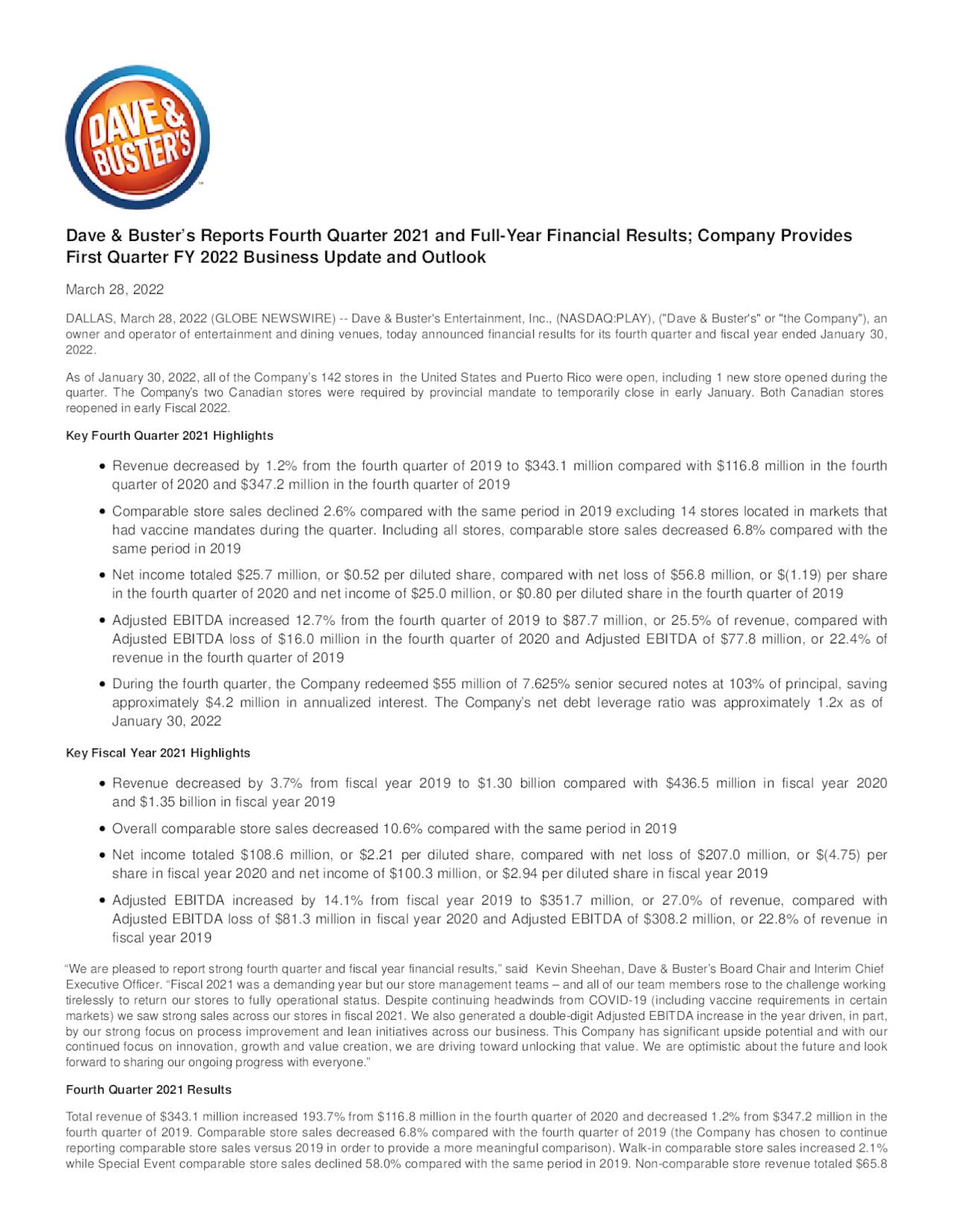 Dave & Buster's Entertainment, Inc. 2021 Q4 - Results - Earnings Call Presentation (NASDAQ:PLAY ...