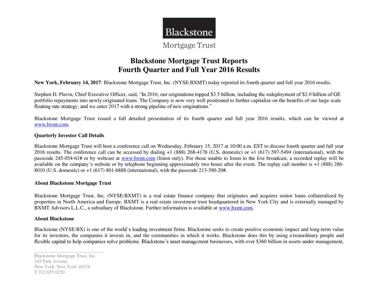 Blackstone Mortgage Trust, Inc. 2016 Q4 - Results - Earnings Call ...
