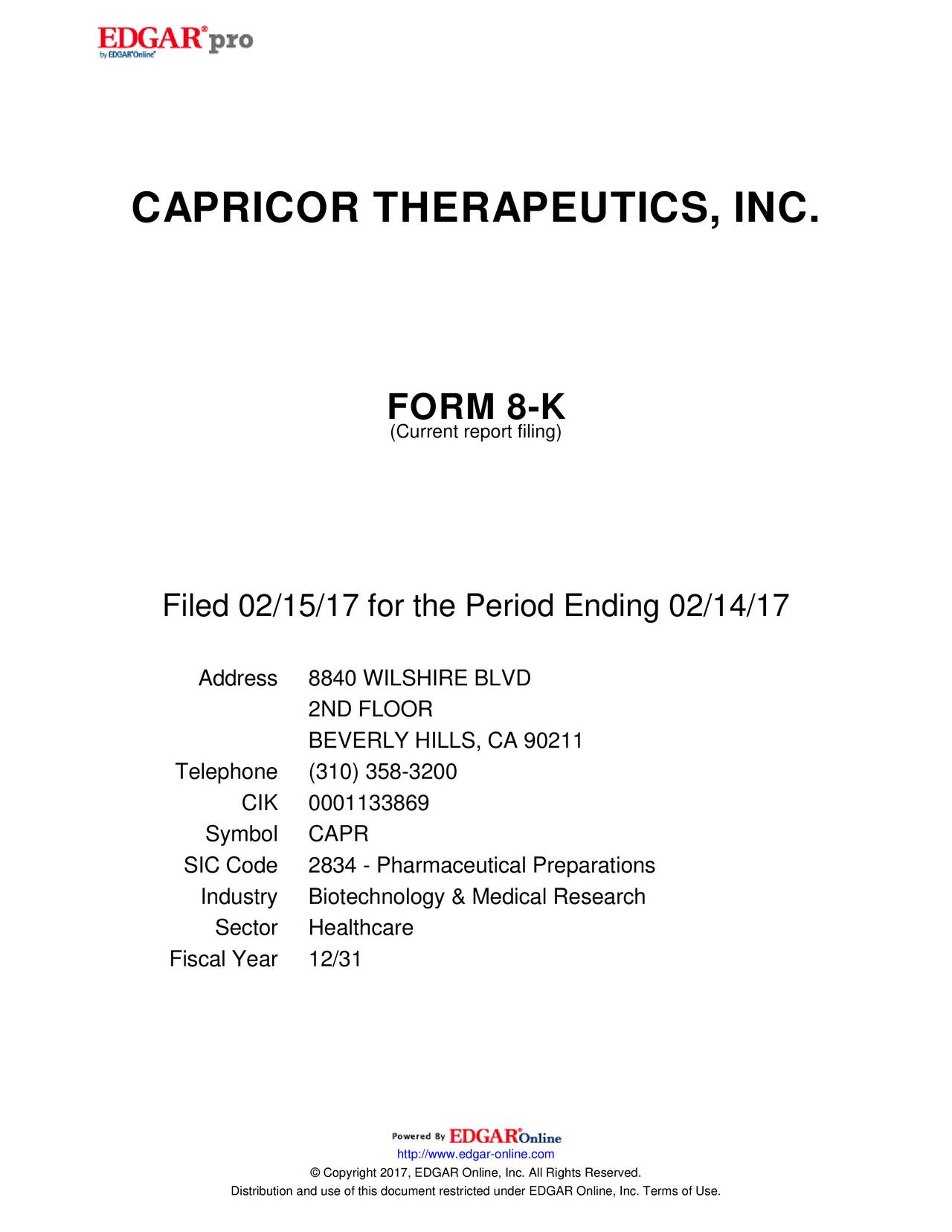 Capricor Therapeutics (CAPR) Investor Presentation - Slideshow (NASDAQ ... Capricor Therapeutics (CAPR) Investor Presentation - Slideshow (NASDAQ ...