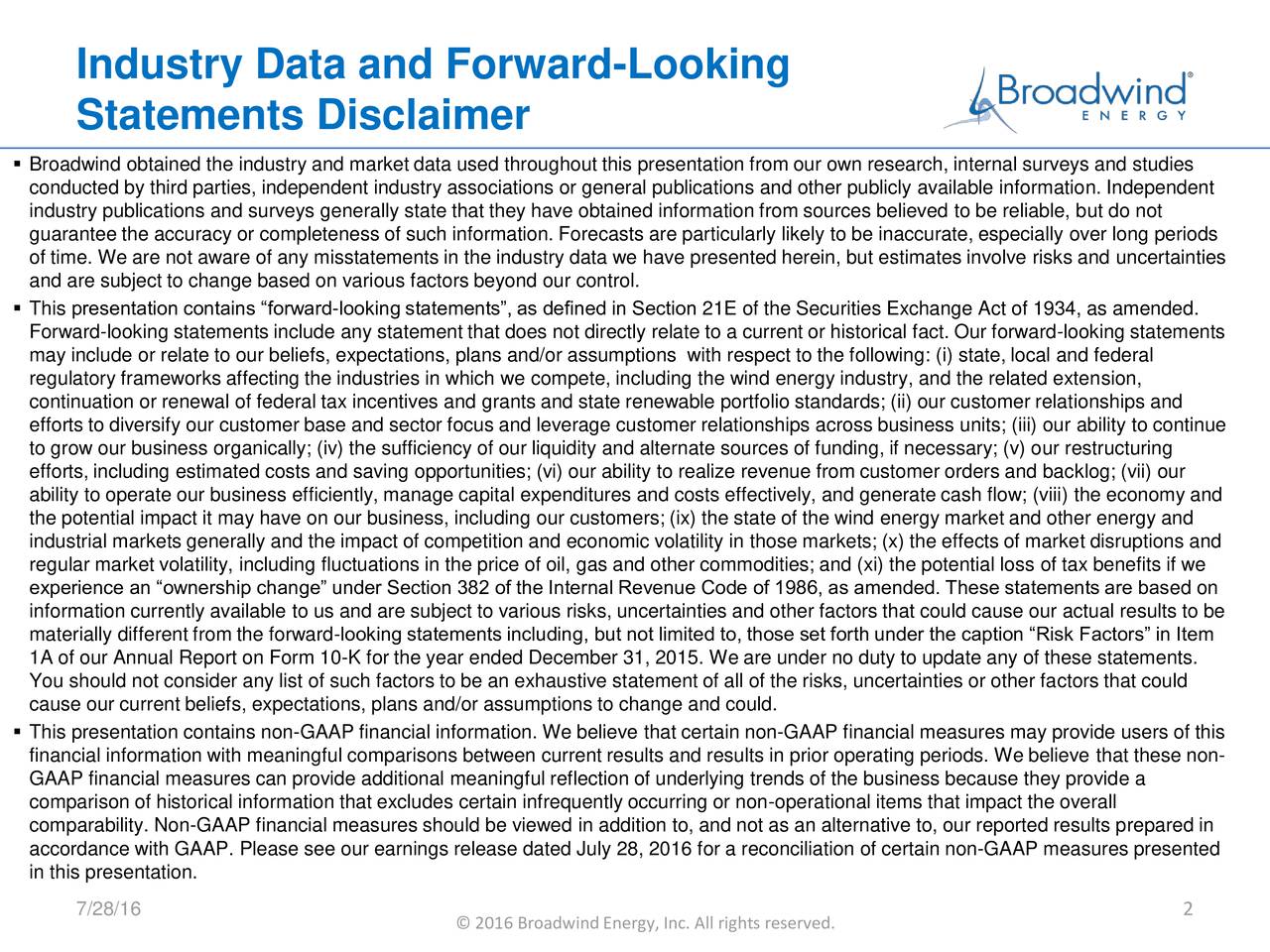 Broadwind Energy, Inc. 2016 Q2 - Results - Earnings Call Slides (NASDAQ ...
