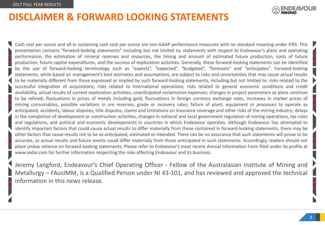 Endeavour Mining Corporation 2017 Q4 - Results - Earnings Call Slides (OTCMKTS:EDVMF) | Seeking ...