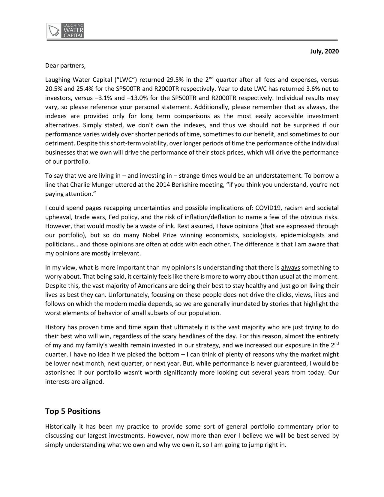 Laughing Water Capital H1 2020 Letter | Seeking Alpha