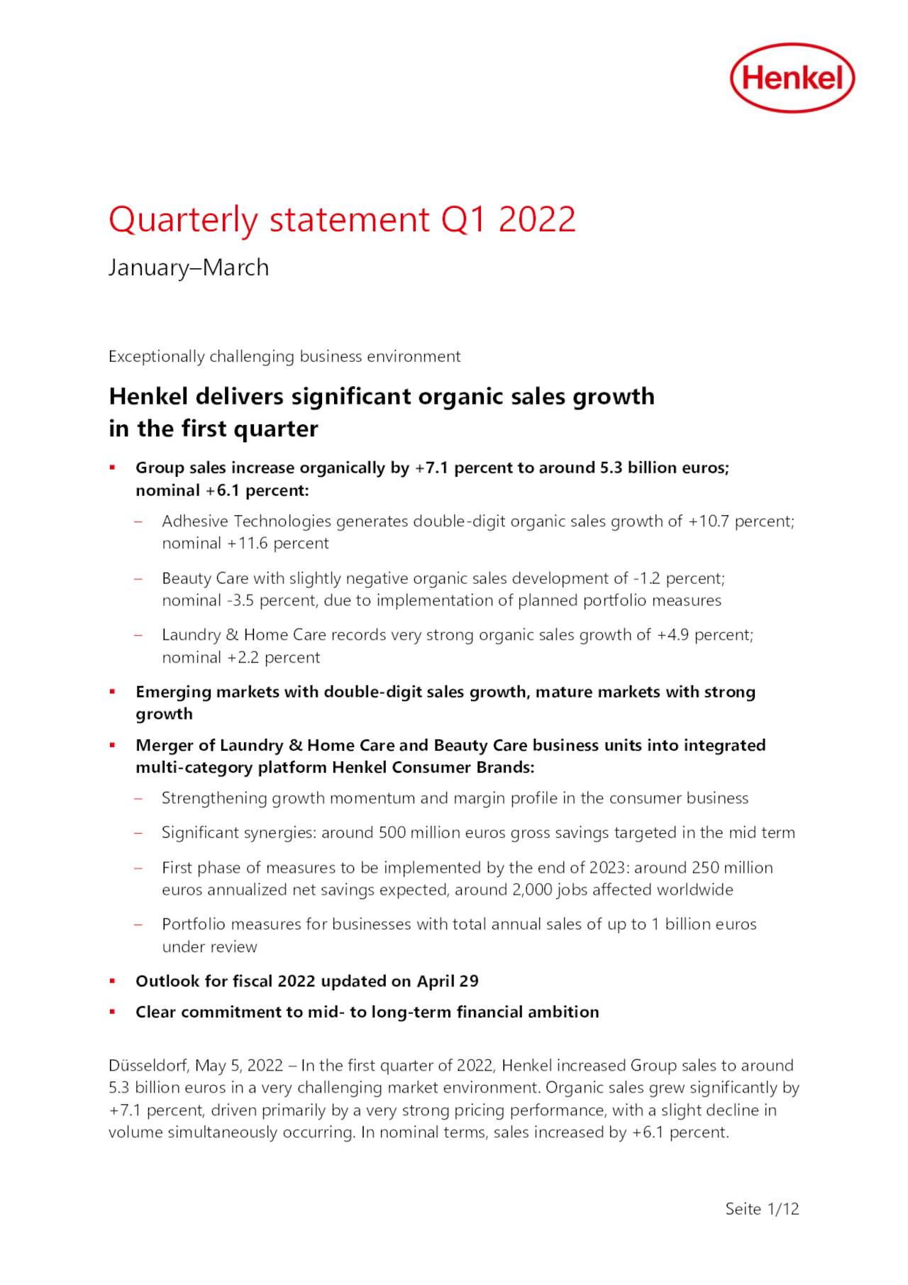 Henkel AG & Co. KGaA 2022 Q1 - Results - Earnings Call Presentation (OTCMKTS:HENKY) | Seeking Alpha